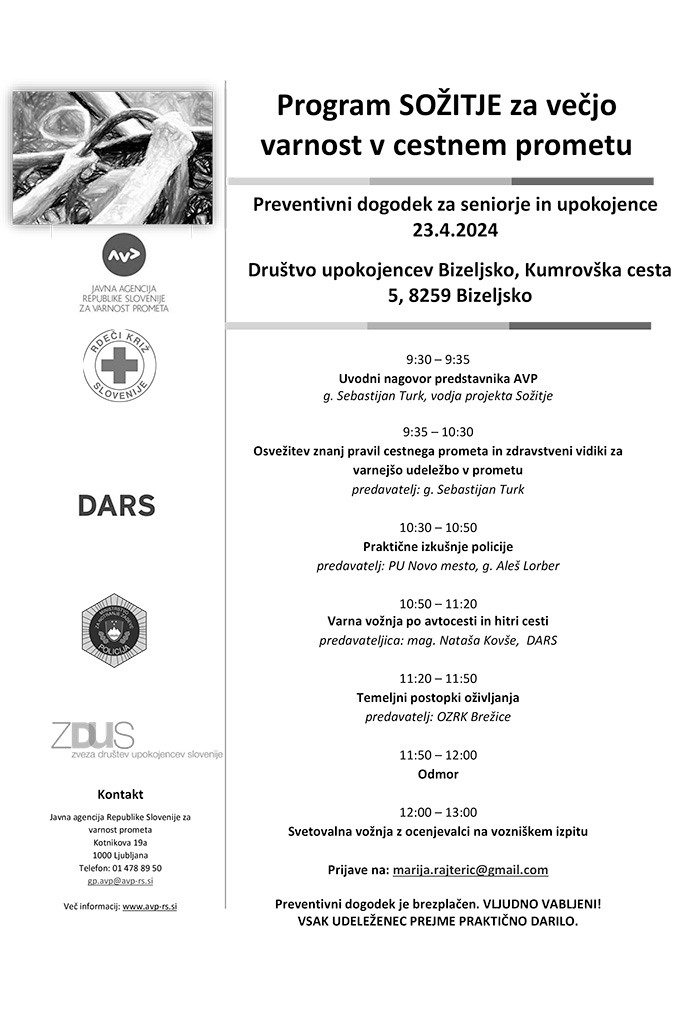 Bizeljsko - Vabilo na delavnico Sožitje za večjo varnost v prometu